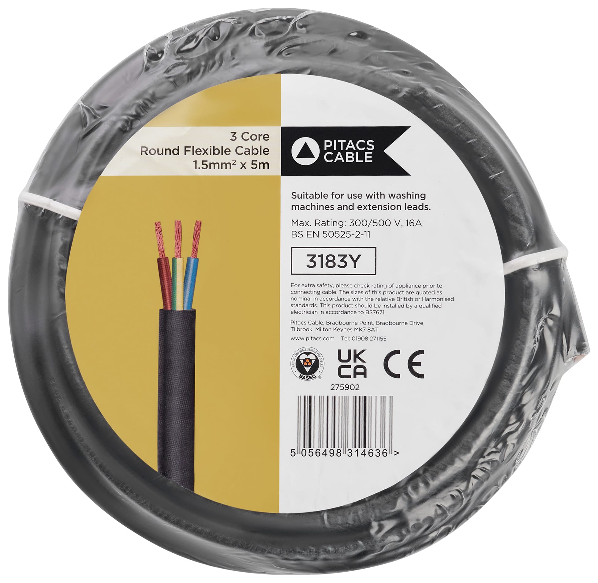 3 Core 3183Y Black Round Flexible Cable - 1.5mm2 - 5m | Wickes.co.uk
